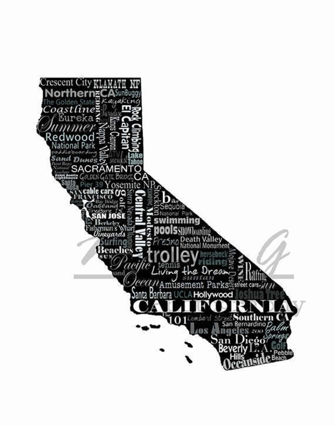 California Slogans Word Art Typography California Map | Etsy
