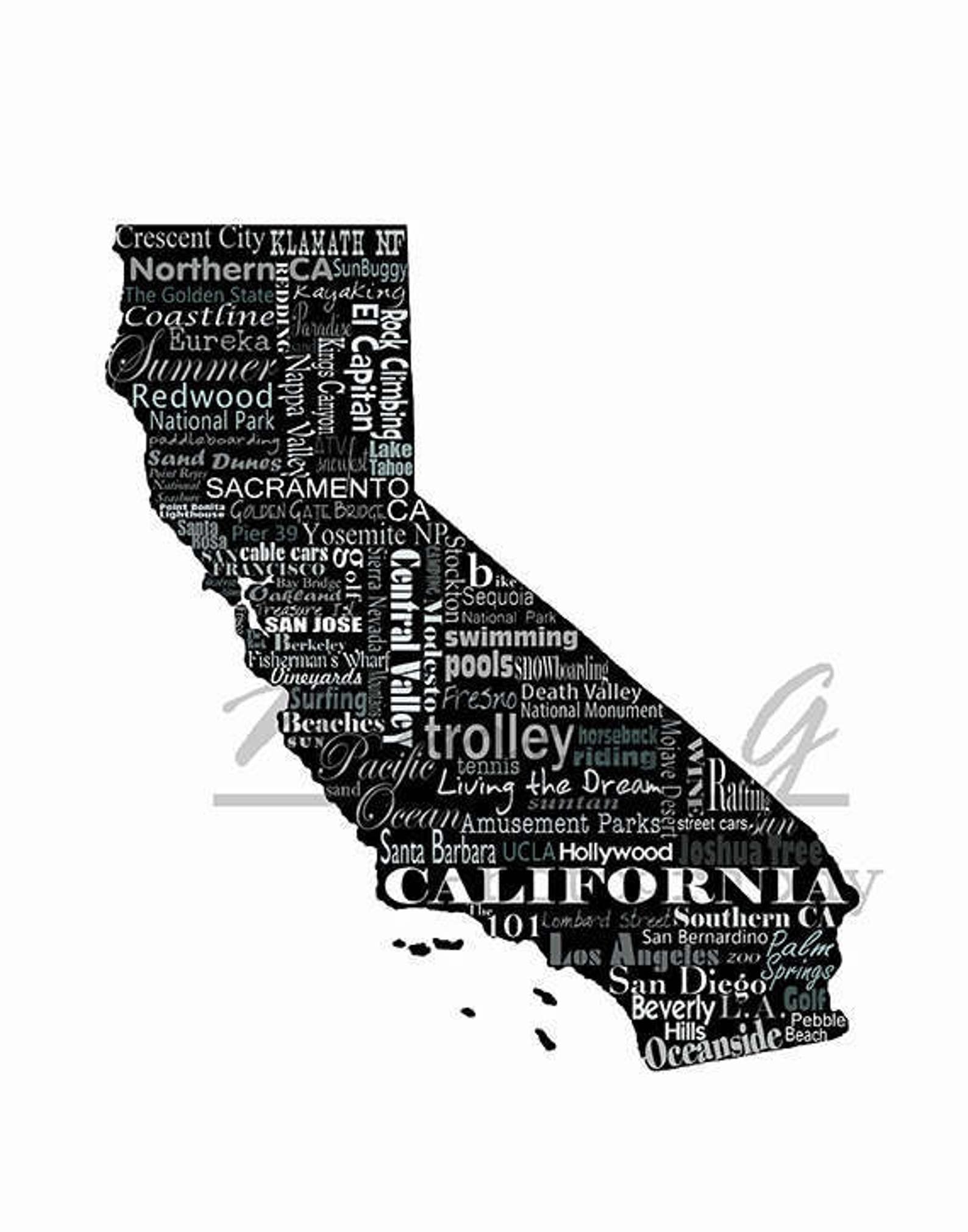 California Slogans Word Art Typography California Map | Etsy