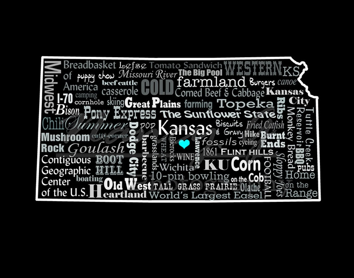 Kansas Word Art Typography Map Kansas Kansas Print - Etsy