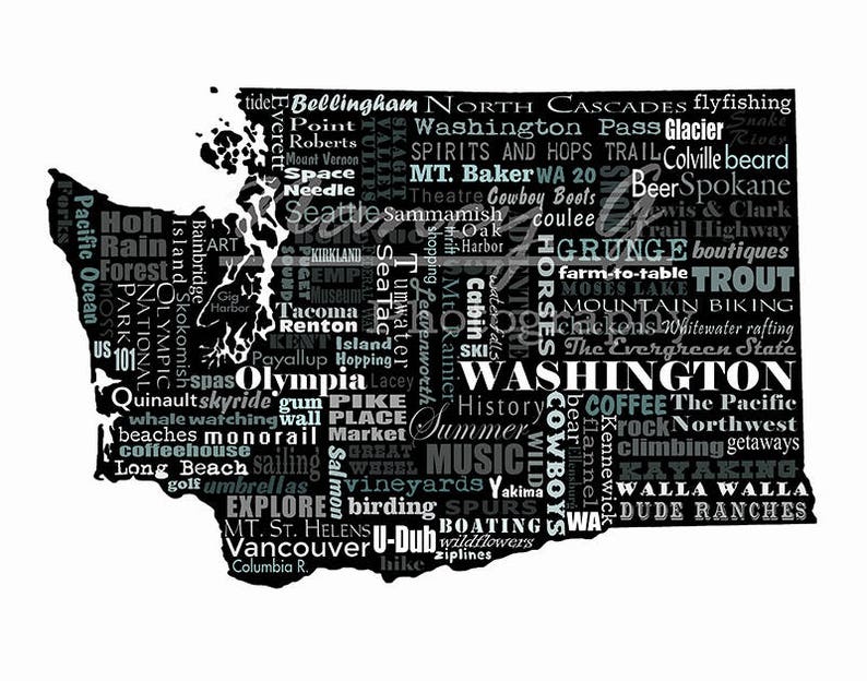 Washington State Slogans Word Art Typography Map | Etsy