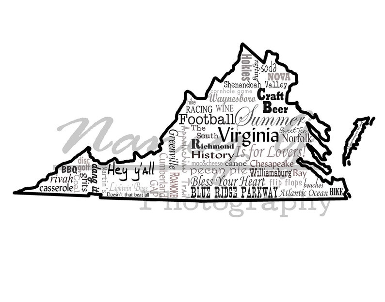 Virginia Slogans, Word Art, Typography, Map, Virginia Print, VA, Fine ...