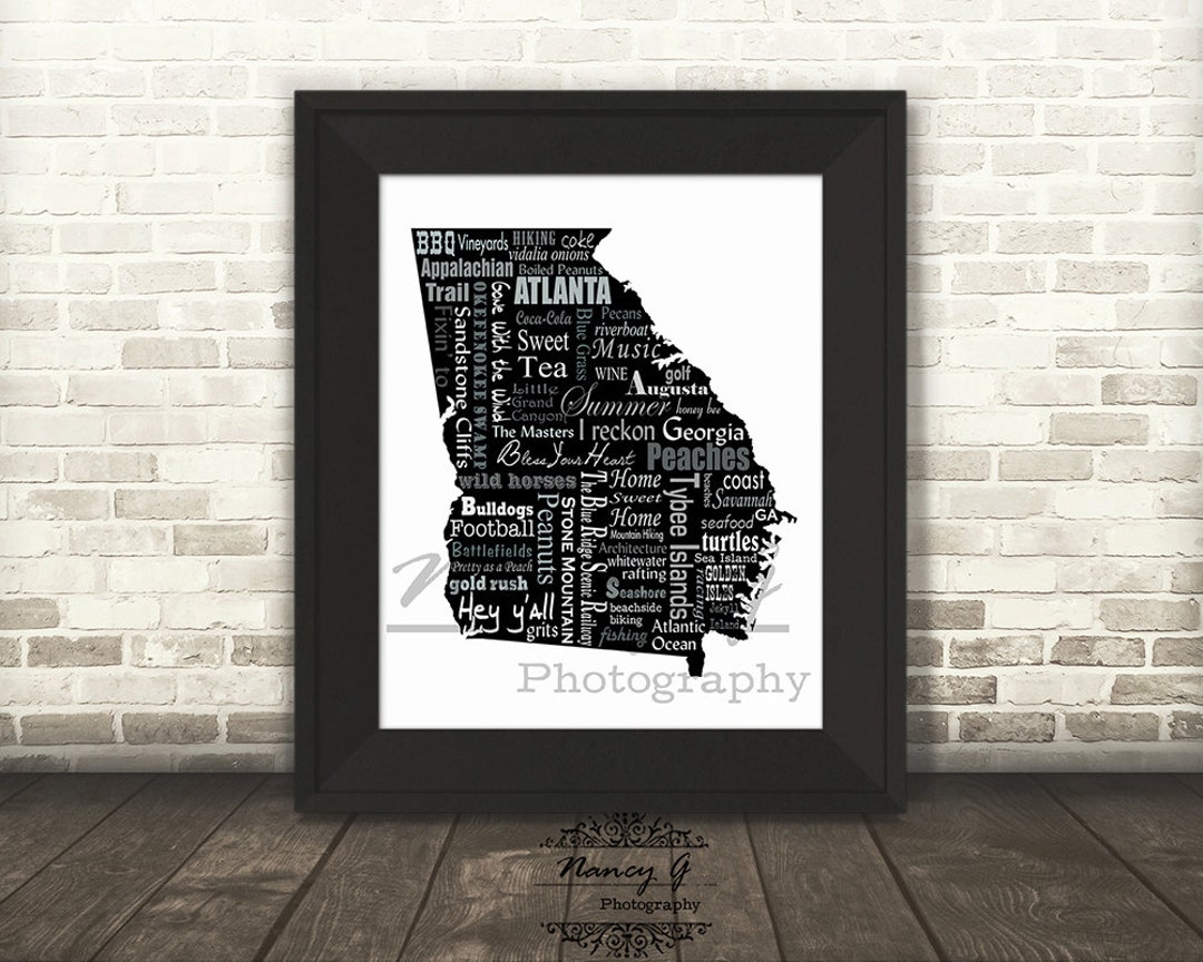 Georgia Slogans, Word Art, Typography, Map, Georgia Print, GA, Fine Art ...
