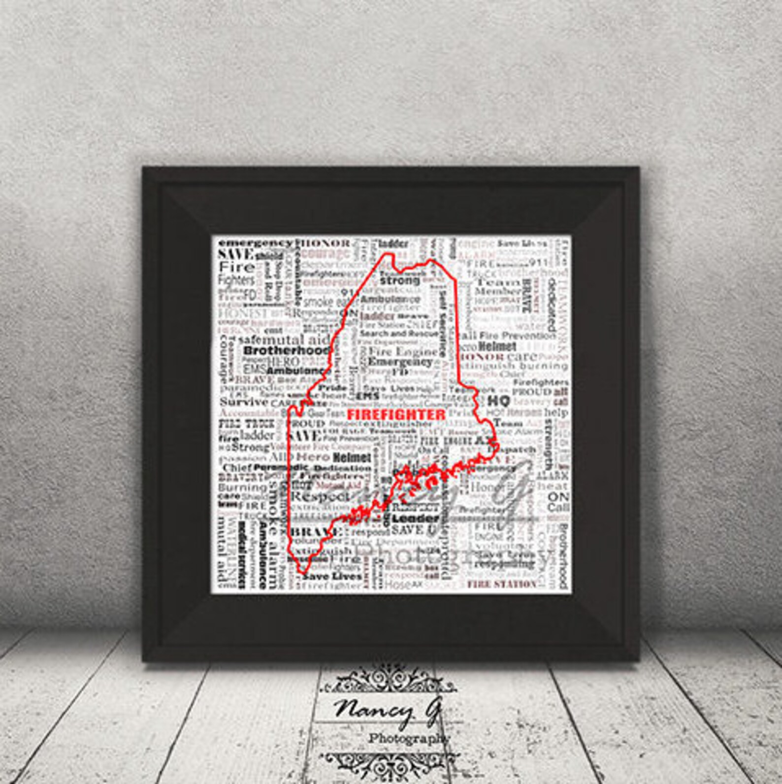 Firefighter Word Art Typography States Shape Maine - Etsy
