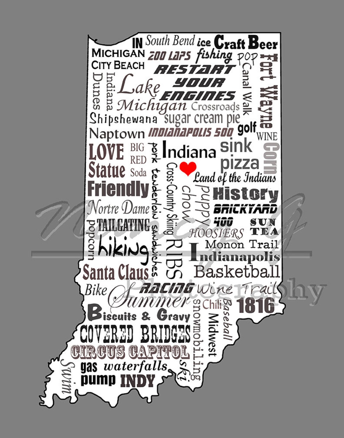 Indiana Word Art Typography Map Indiana Indiana Print - Etsy