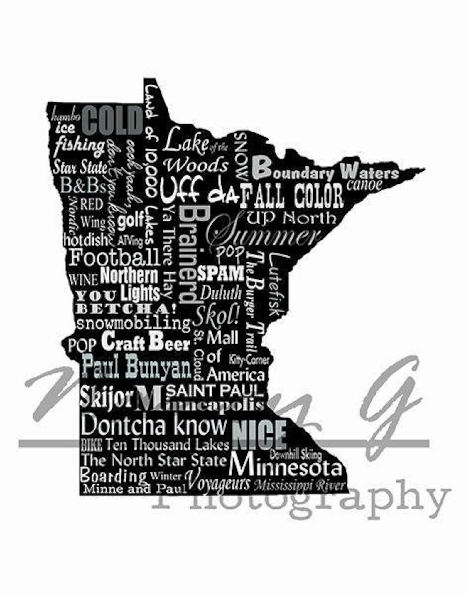 Minnesota Slogans Word Art Typography Map Minnesota | Etsy
