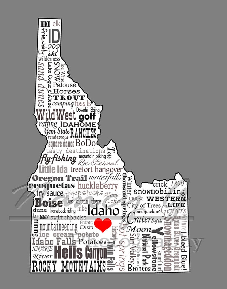 Idaho Word Art, Typography, Map, Idaho, Idaho Print, Slogans, Fine Art ...