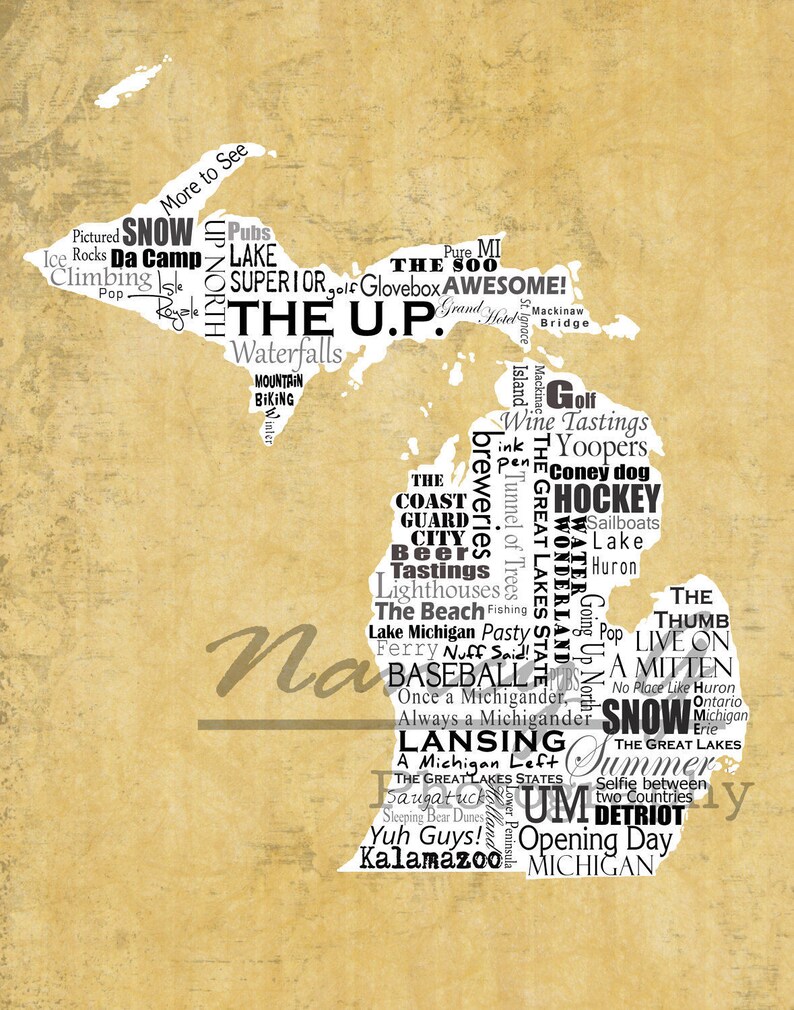Michigan Slogans, Word Art, Typography, Map, Michigan, Michigan Print ...
