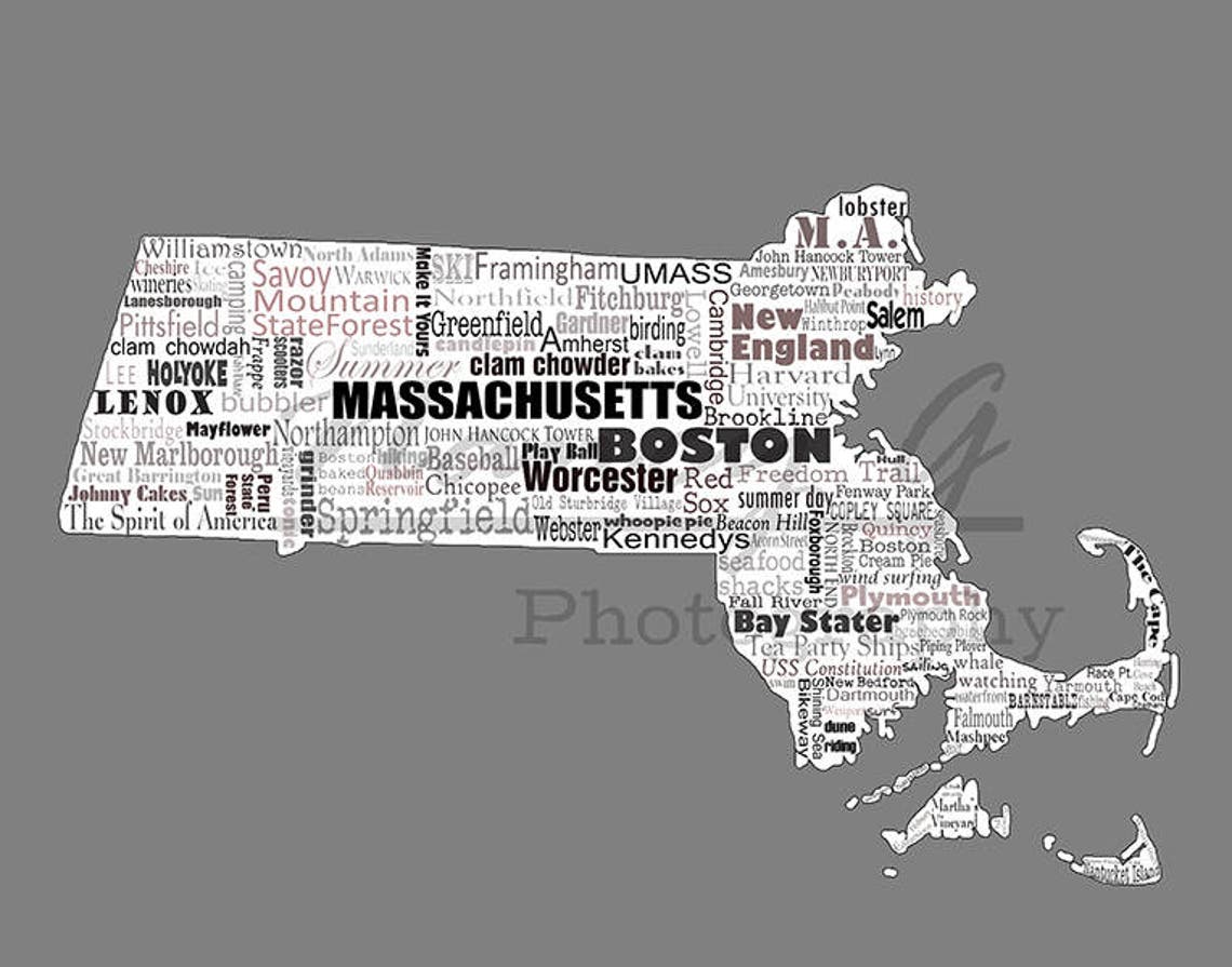 Massachusetts Slogans Word Art Typography Map - Etsy
