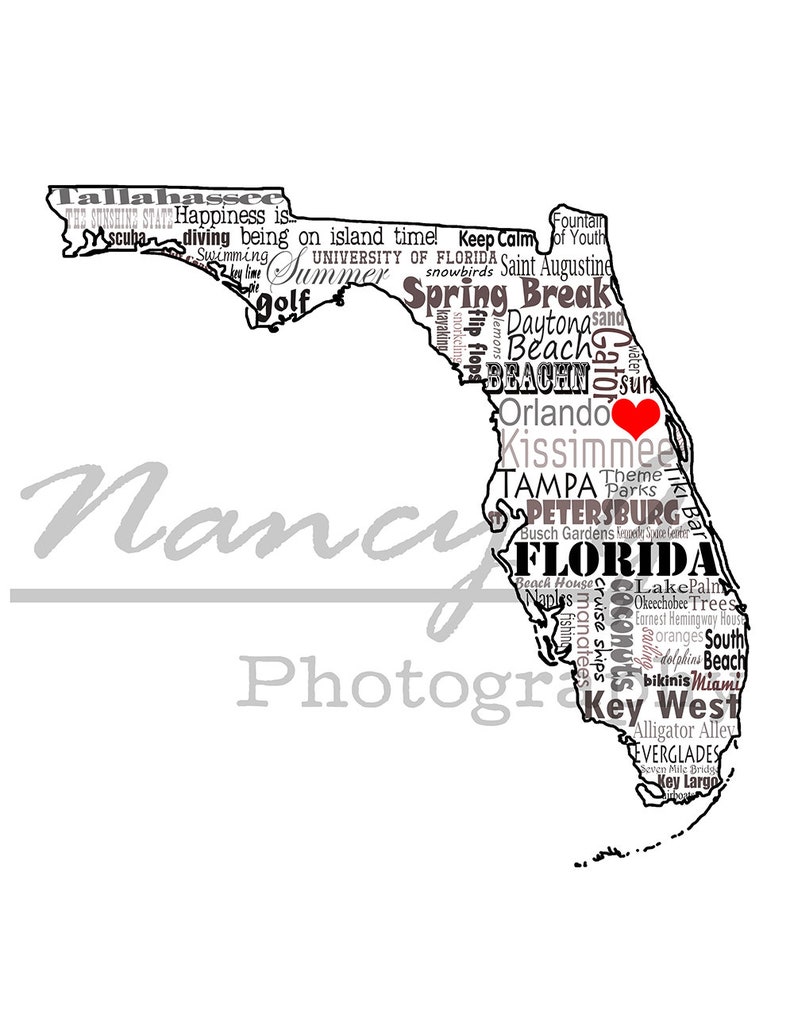 Florida Slogans Orlando Heart Word Art Typography Florida - Etsy