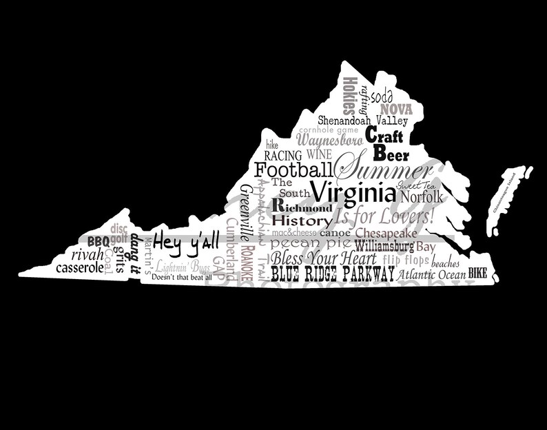 Virginia Slogans, Word Art, Typography, Map, Virginia Print, VA, Fine ...