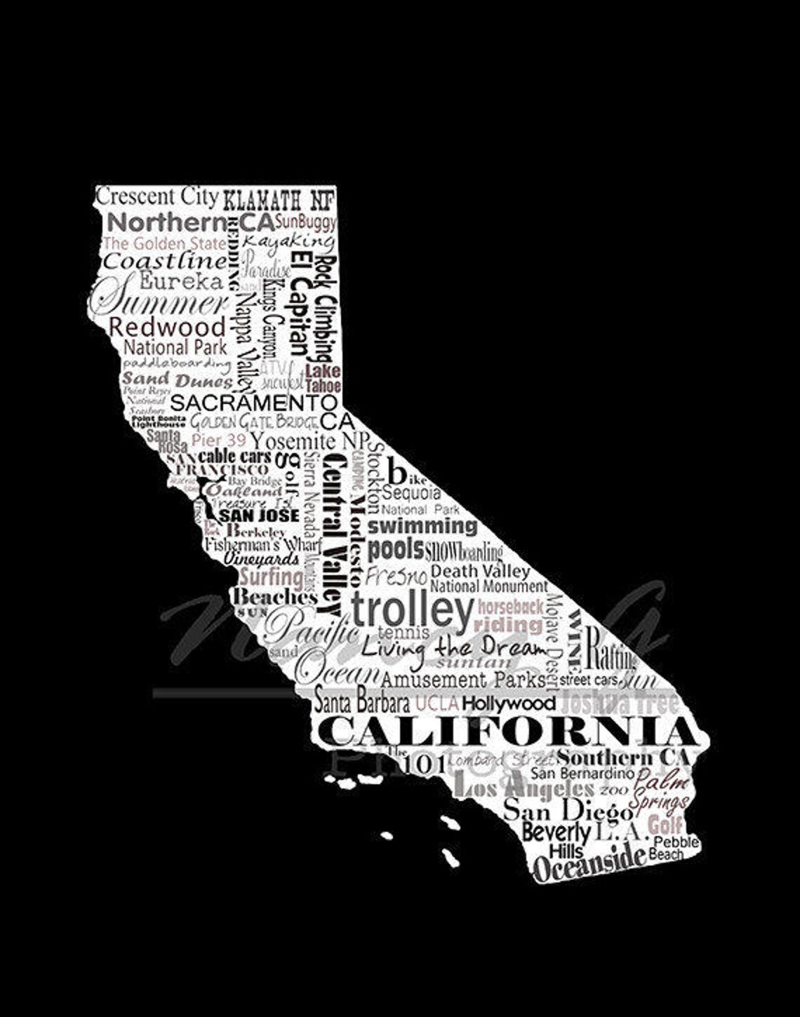 California Slogans Word Art Typography California Map | Etsy