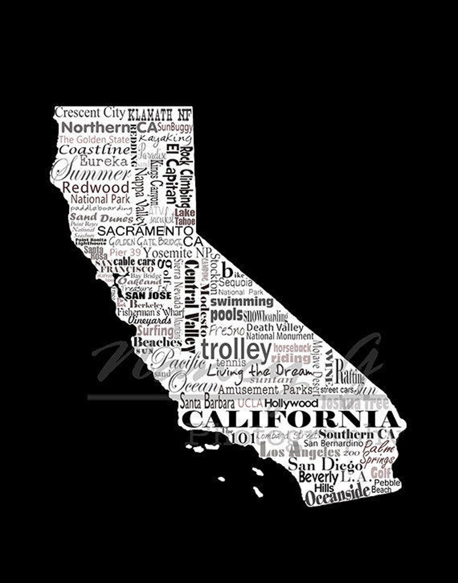California Slogans Word Art Typography California Map | Etsy