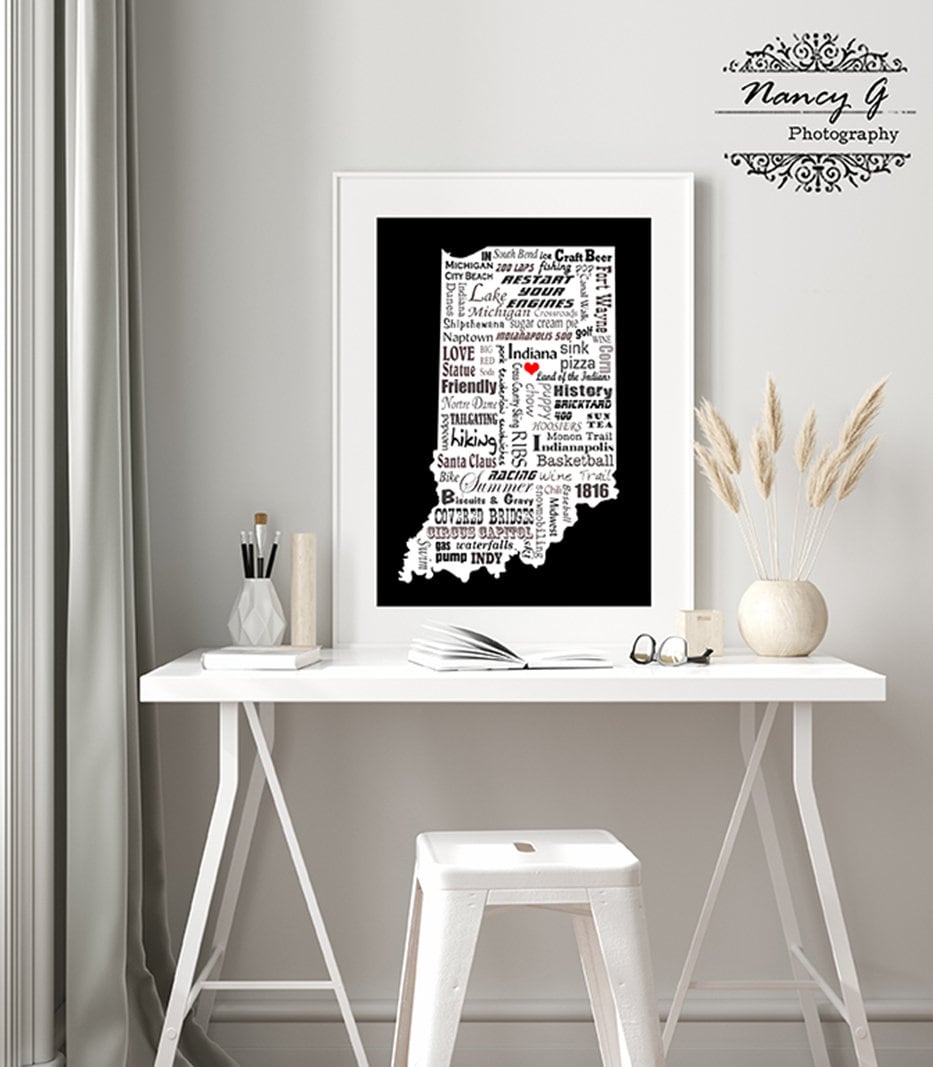 Indiana Word Art Typography Map Indiana Indiana Print | Etsy
