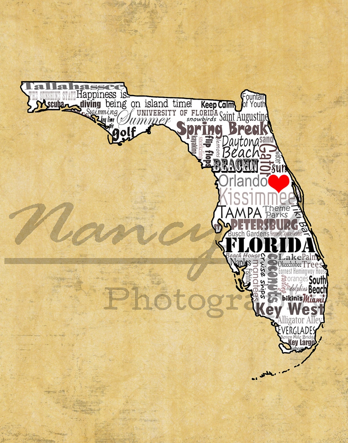 Florida Slogans Orlando Heart Word Art Typography Florida | Etsy