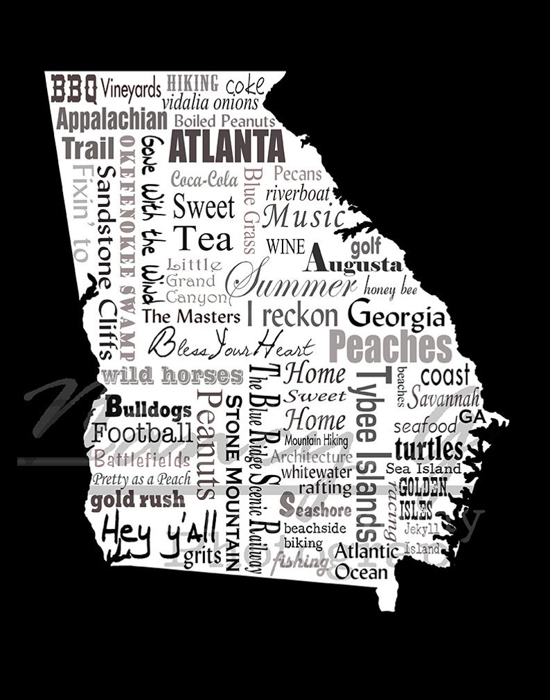 Georgia Slogans, Word Art, Typography, Map, Georgia Print, GA, Fine Art ...