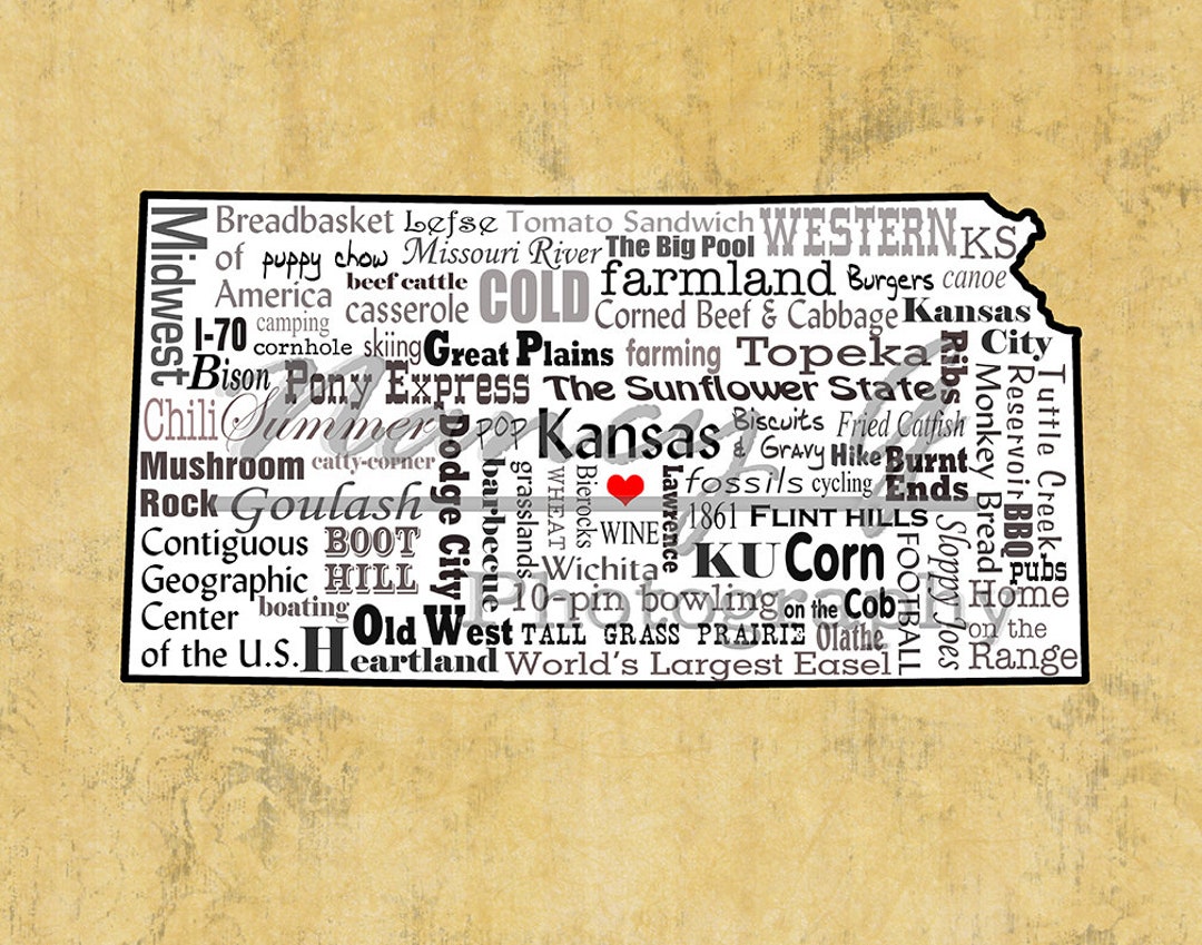 Kansas Word Art, Typography, Map, Kansas, Kansas Print, Slogans, Fine ...