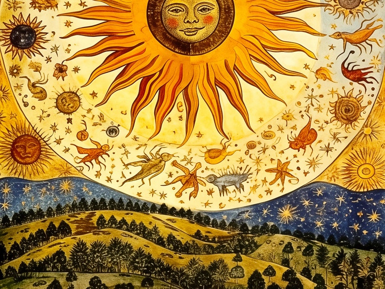 Boho Sun Printable Indie Poster Illustration Celestial Vintage Drawing ...