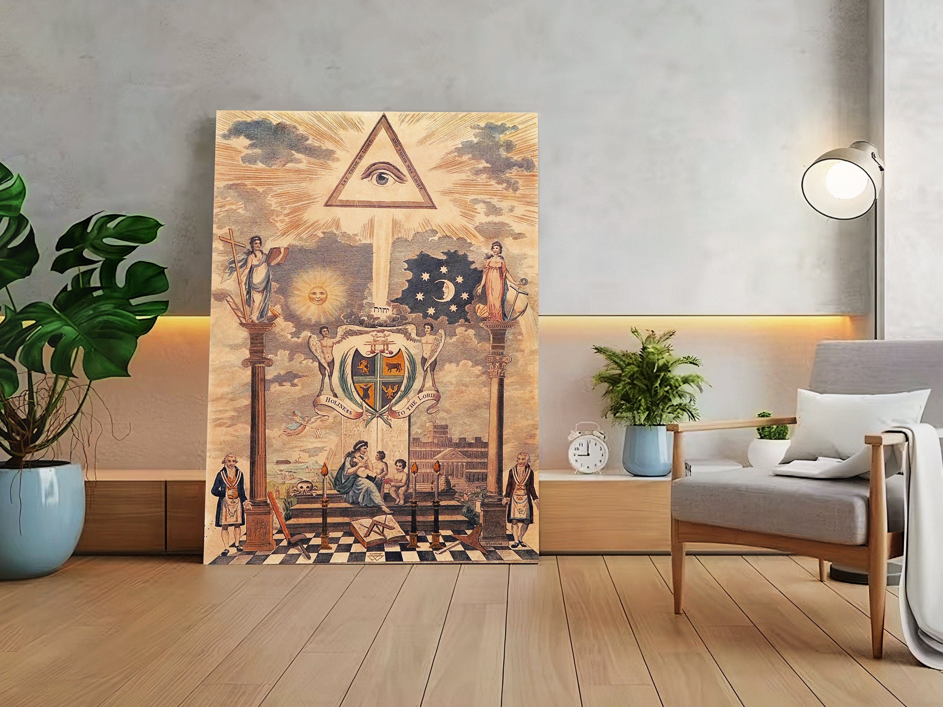 Masonic Temple Pillars and Crest Printable Freemasonry Art Grand Lodge ...