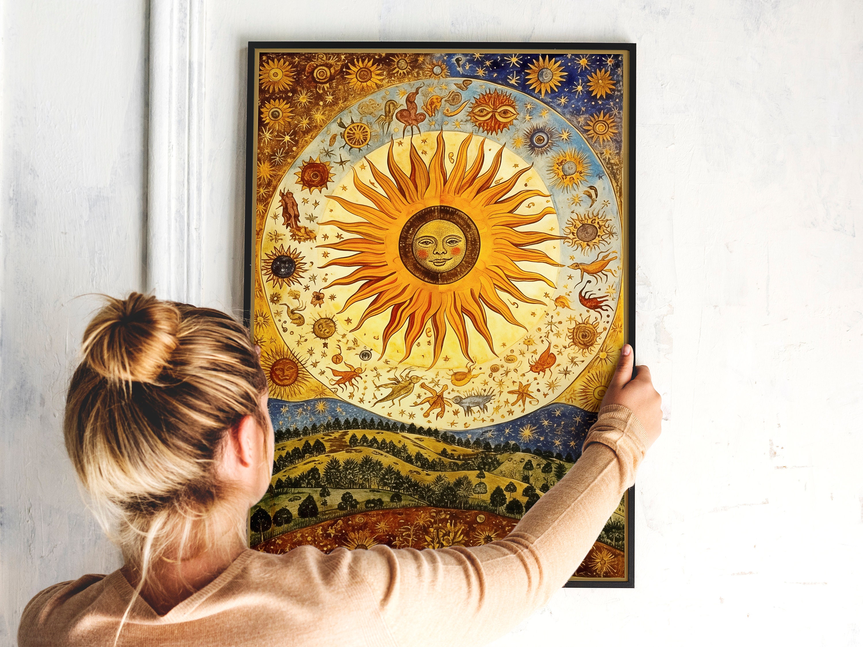 Boho Sun Printable Indie Poster Illustration Celestial Vintage Drawing ...