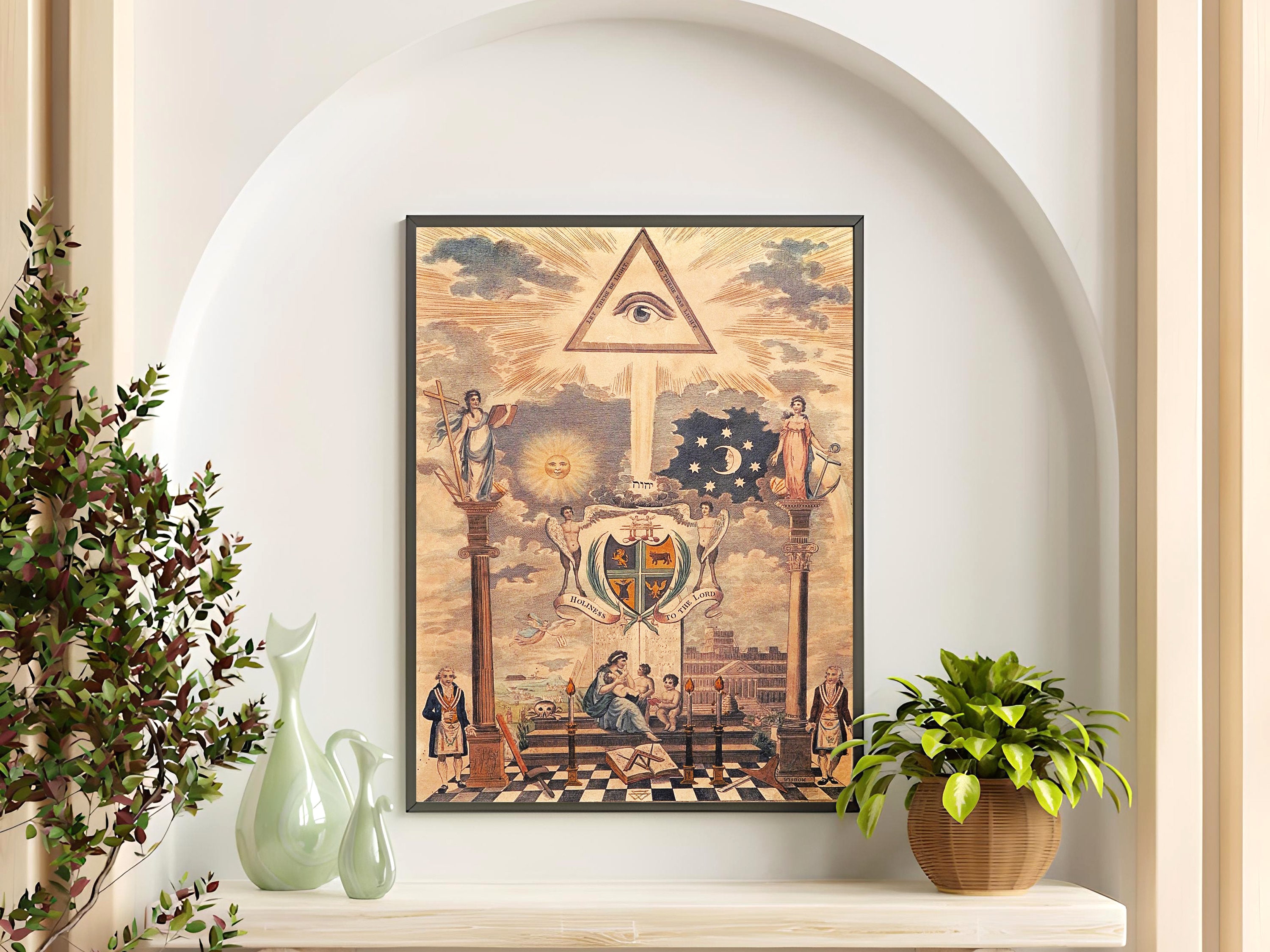 Masonic Temple Pillars and Crest Printable Freemasonry Art Grand Lodge ...