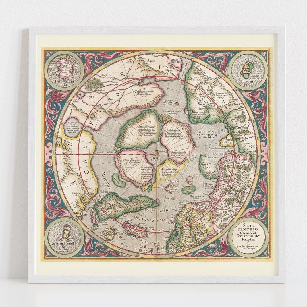 Mapa antigo do Ártico, Mapa do Polo Norte de Mercator de 1595, Mapa da ...