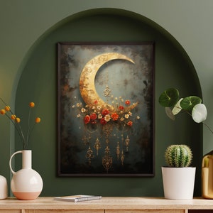 Flower Moon Printable Indie Floral Poster Illustration Celestial ...