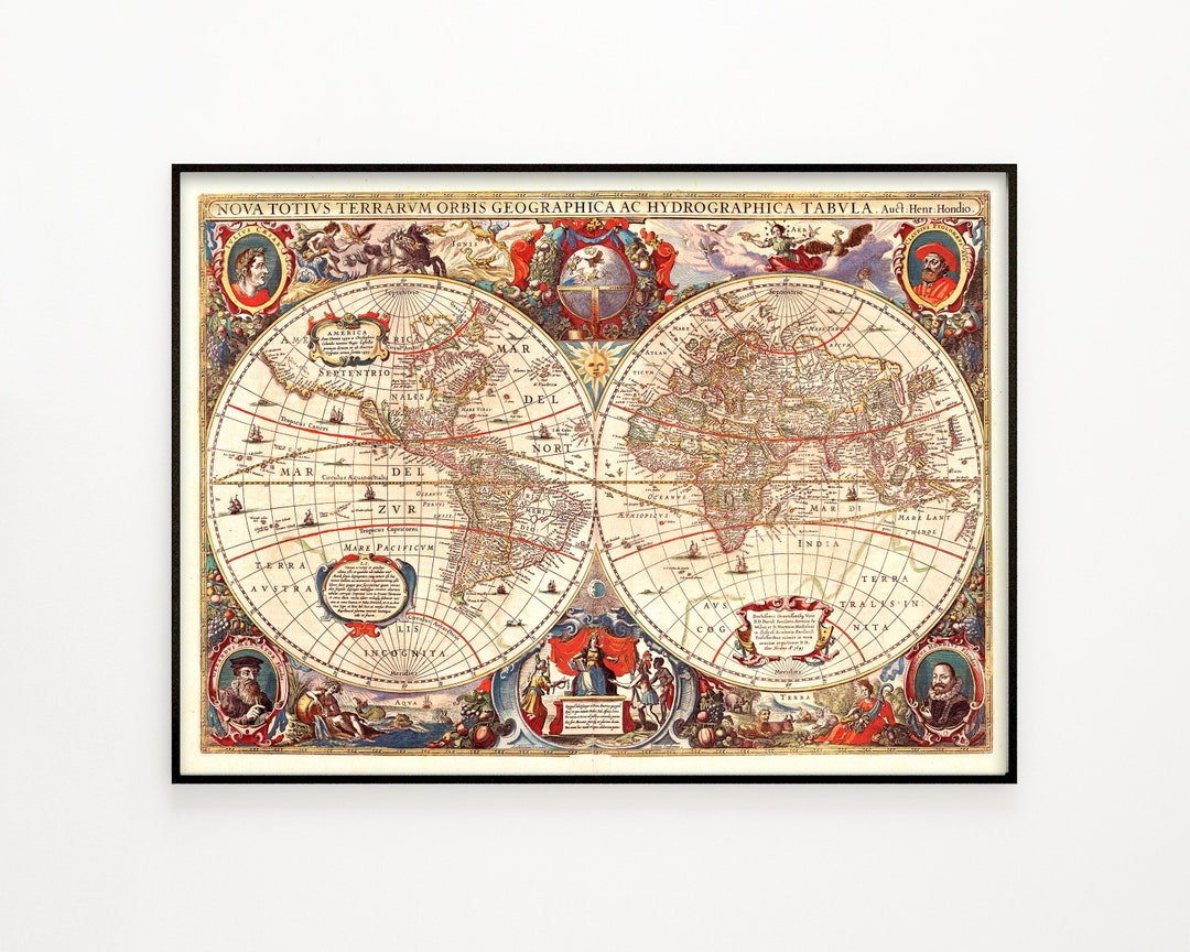 Antique World Map by Hendrik Hondius 1641 - Printable File, Digital Wall Art, Vintage ...