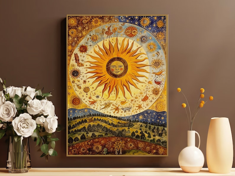 Boho Sun Printable Indie Poster Illustration Celestial Vintage Drawing ...