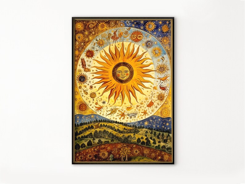Boho Sun Printable Indie Poster Illustration Celestial Vintage Drawing ...