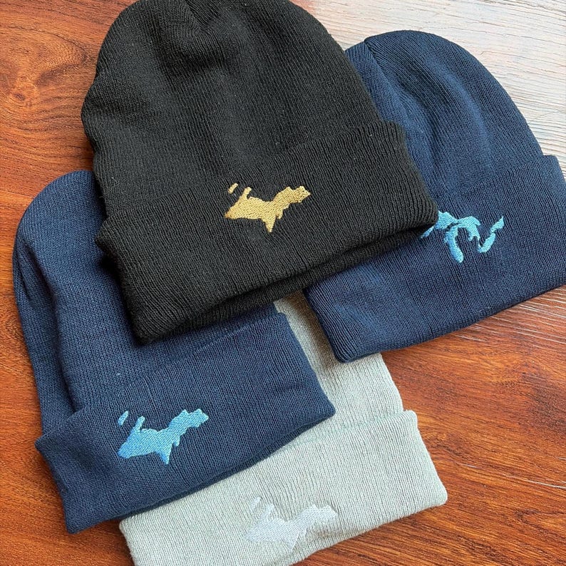Knit Beanie Hat With Embroidered Upper Peninsula of Michigan Including ...