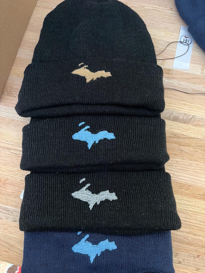 Knit Beanie Hat With Embroidered Upper Peninsula of Michigan Including ...