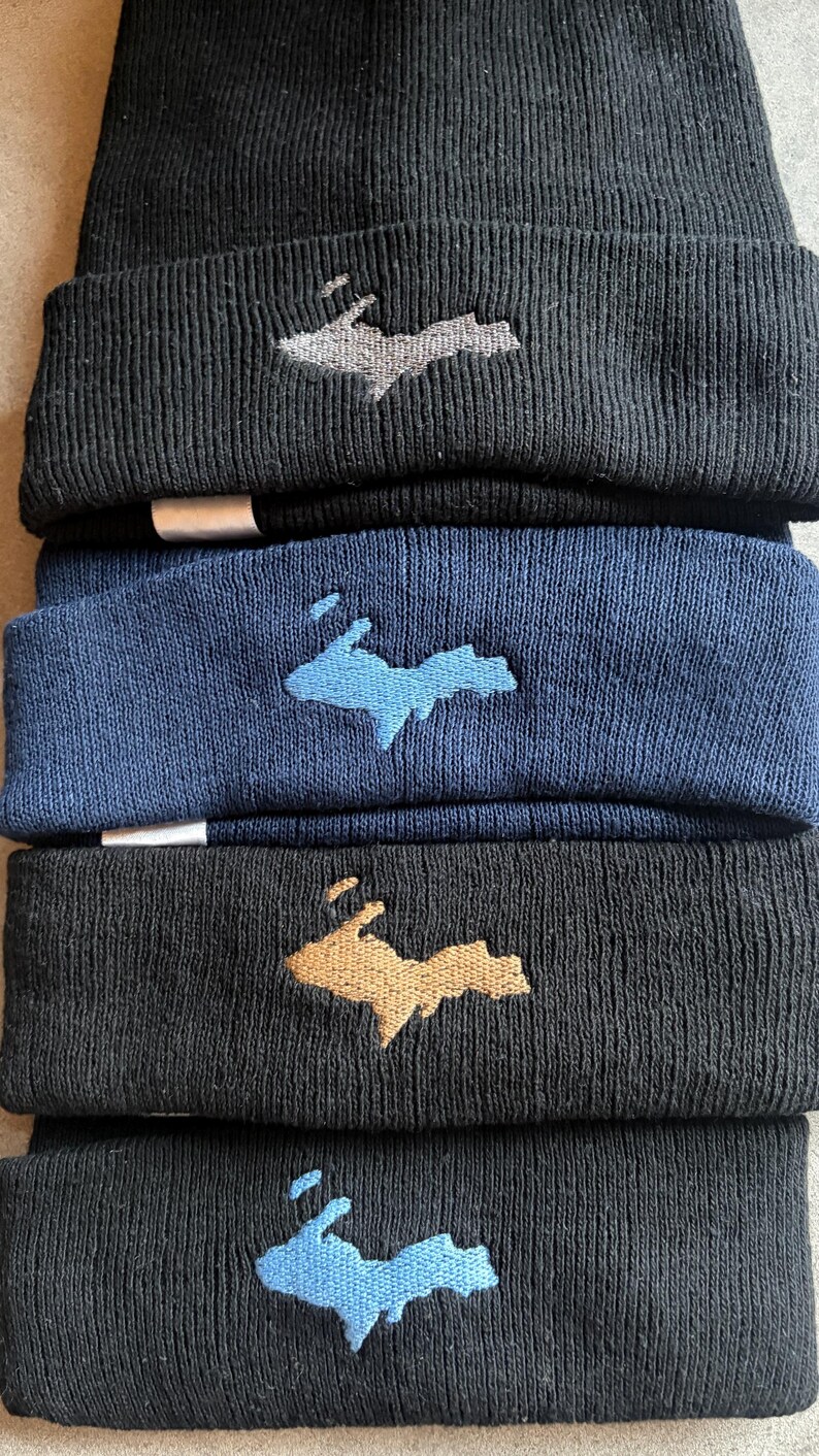 Knit Beanie Hat With Embroidered Upper Peninsula of Michigan Including ...