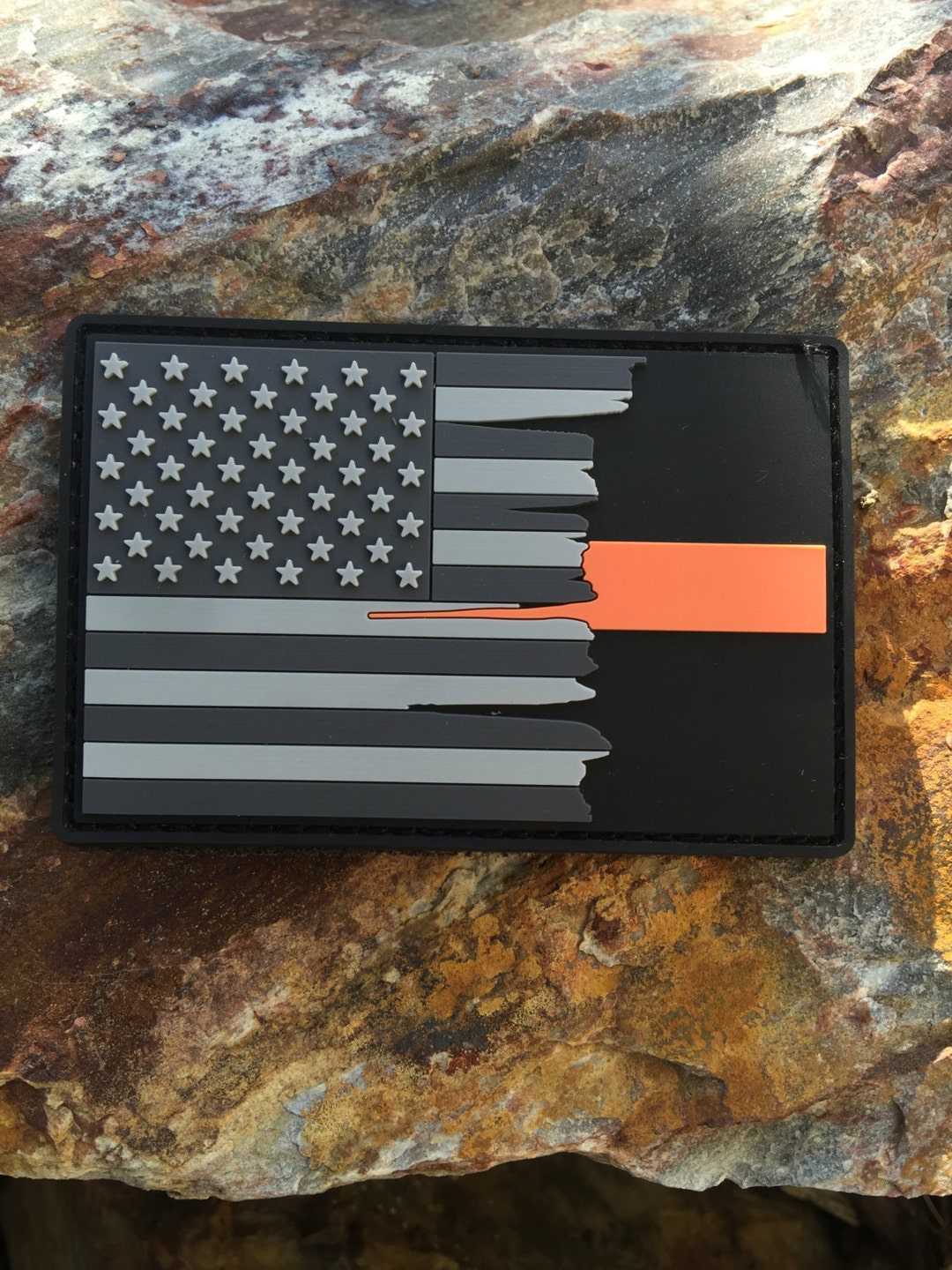 Subdued Tattered American Flag Thin Orange Line PVC Patch, Search ...