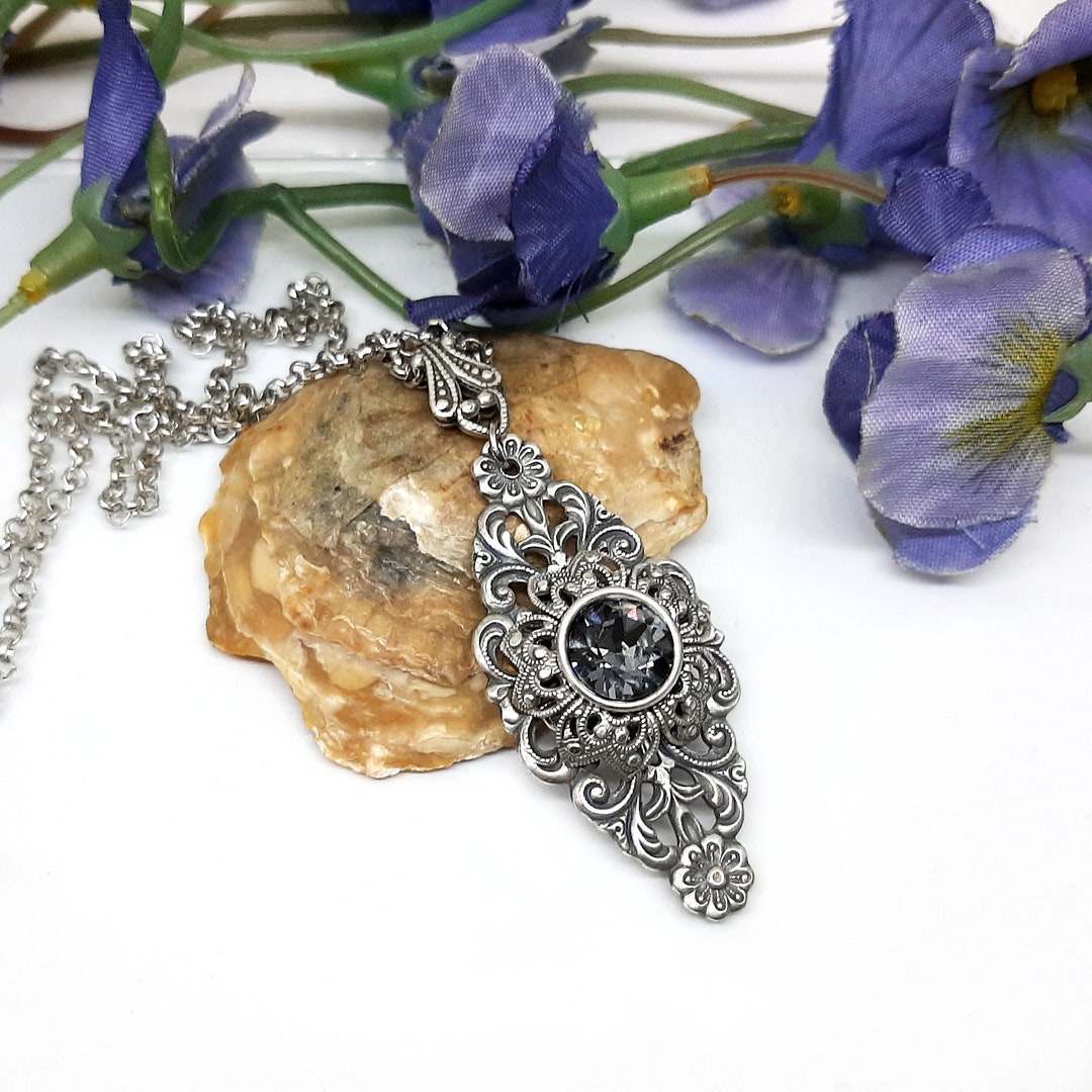 Victorian Antique Silver Filigree Flower Pendant Art Deco Swarovski ...