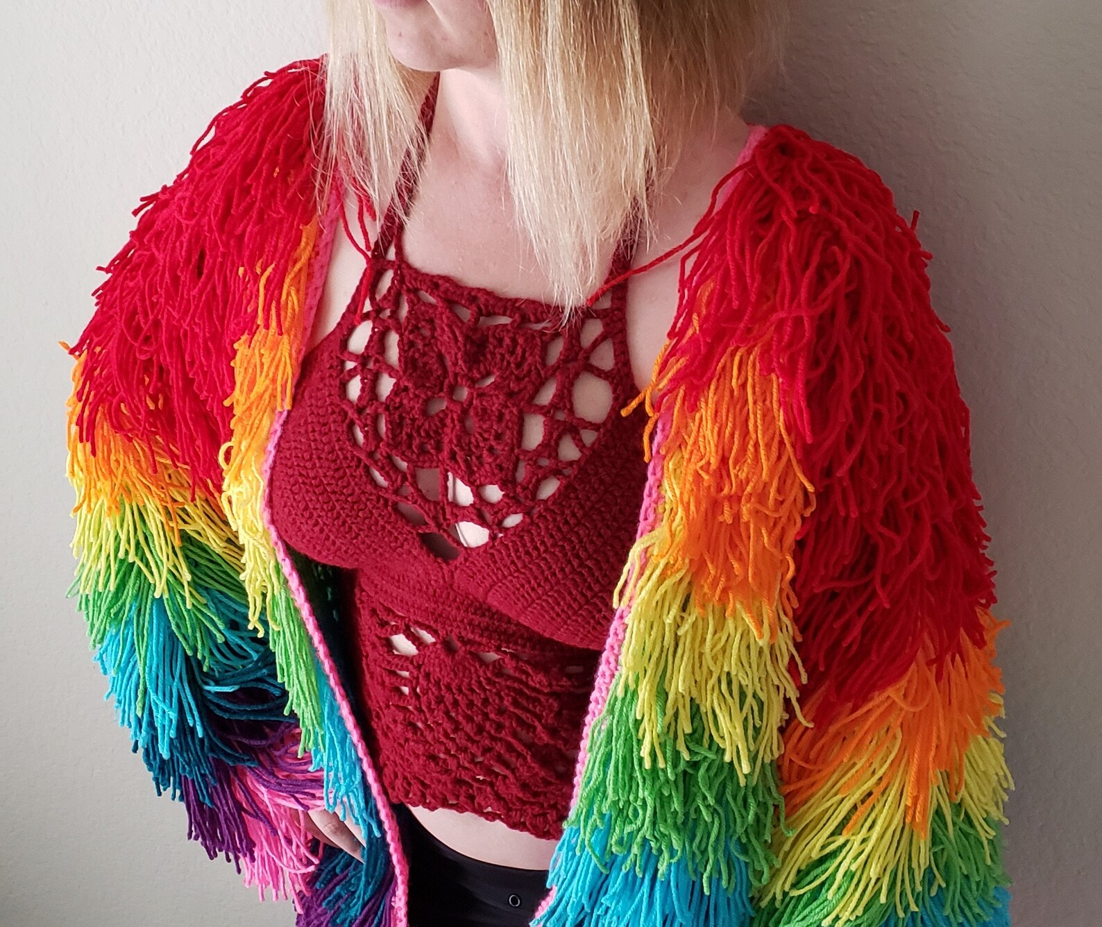 Rainbow Fringe Festival Jacket, Crochet Bohemian Shaggy Cardigan ...
