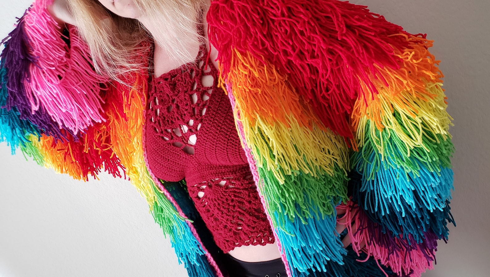 Rainbow Fringe Festival Jacket, Crochet Bohemian Shaggy Cardigan ...