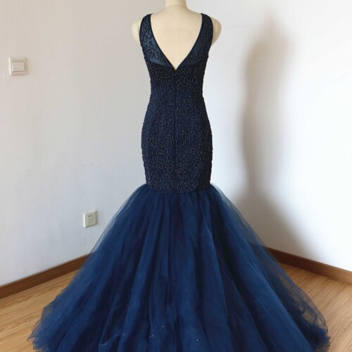 Beaded Mermaid V Back Navy Blue Tulle Long Prom Dress Etsy