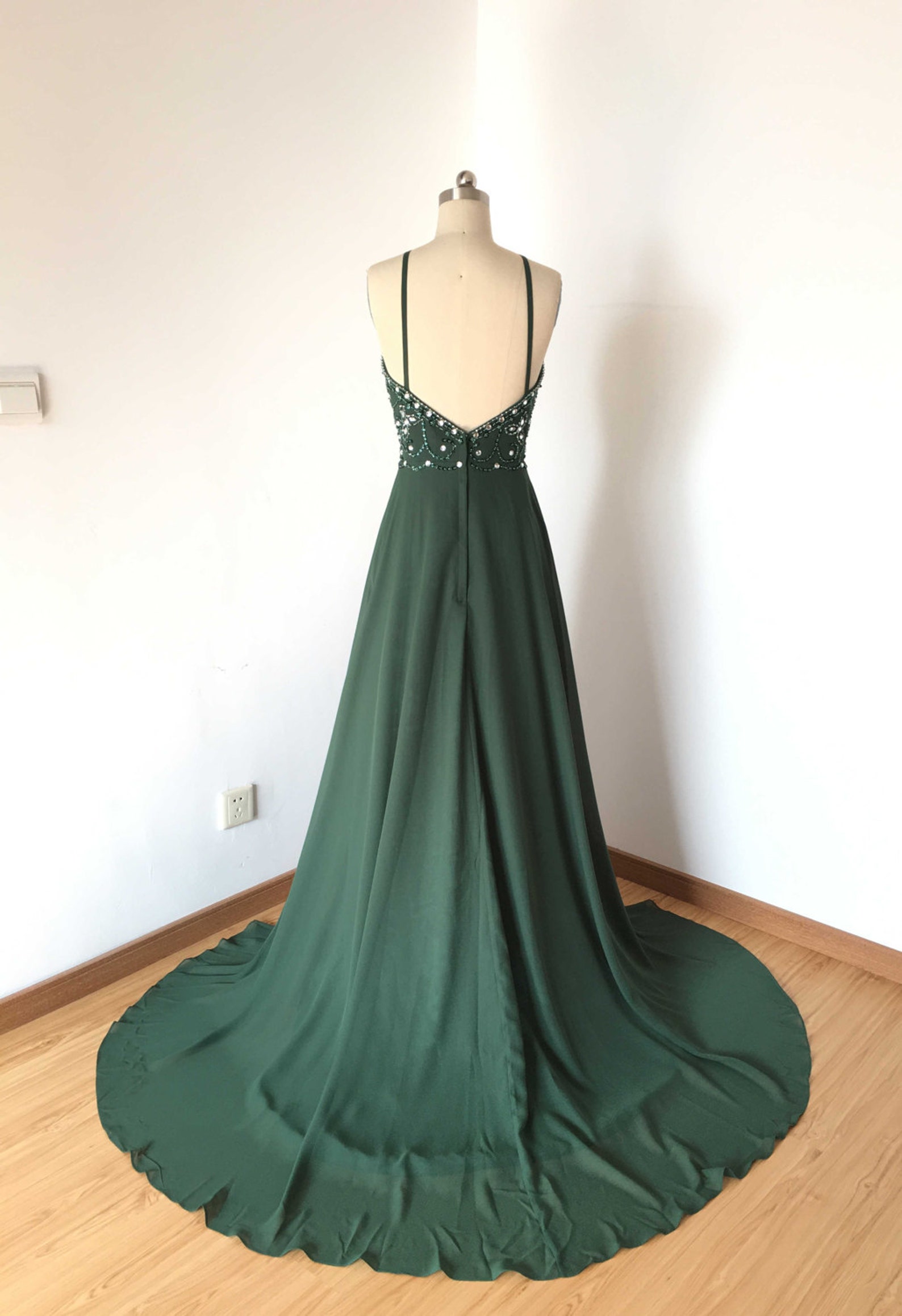 Backless Spaghetti Strap Dark Green Chiffon Long Prom Dress - Etsy