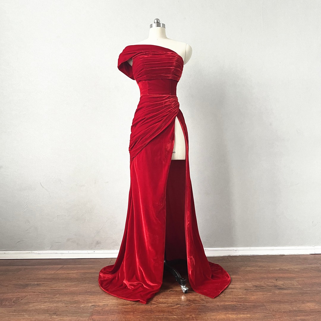 Sexy Prom Dress Red Velvet Evening Dress With High Slit - Etsy