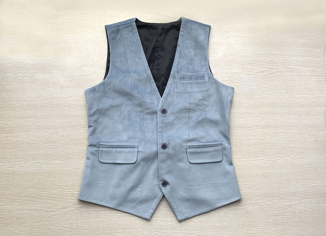 Mens Vest Dusty Blue Velvet Wedding Prom Waistcoat V-neck 3 Pockets 3 ...