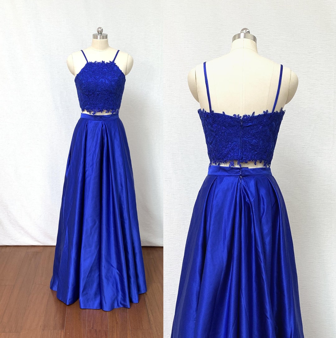 Two Piece Spaghetti Straps Royal Blue Lace Satin Long Prom - Etsy