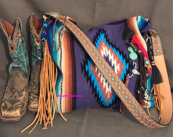 Serape Saddle Blanket Bag, Purple Saddle Blanket Tote, Leather Fringe ...