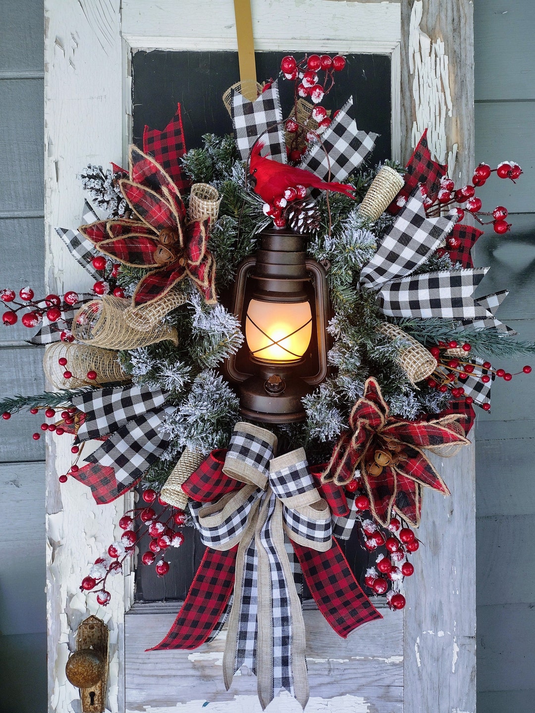 Farmhouse Christmas Lantern Wreath: Rustic Buffalo Check Front Door ...