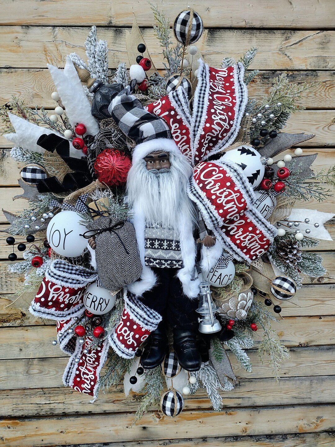 Black Santa Christmas Wreath African American Santa Wreath Farmhouse