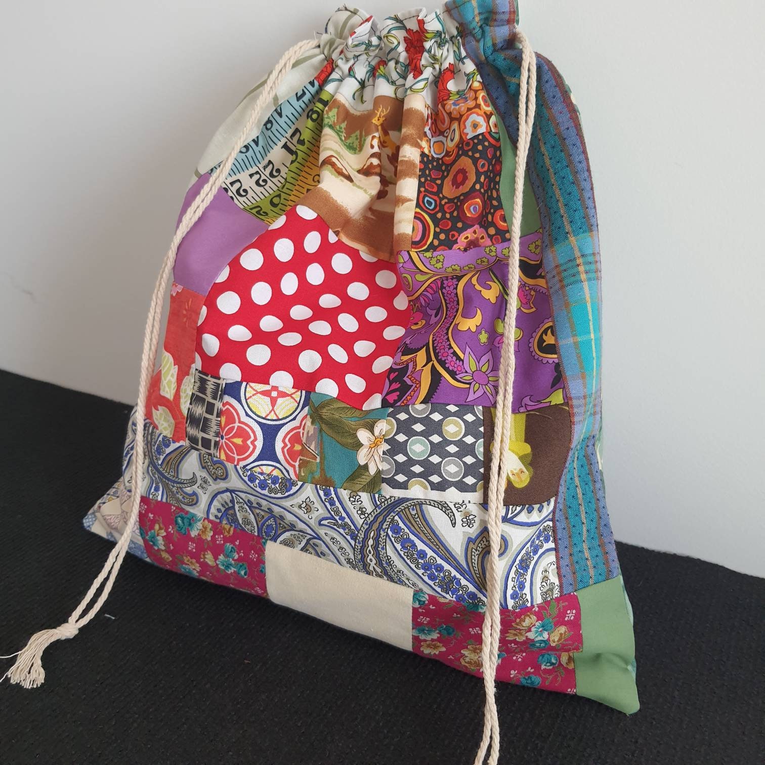 Handmade Patchwork Drawstring Bag Cotton Bag Tote Vintage | Etsy