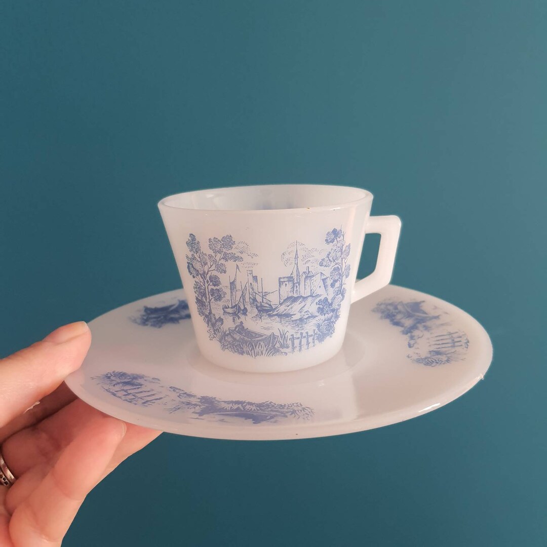 Vintage Rare Arcopal Blue and White Milk Glass Cup and Saucer French ...