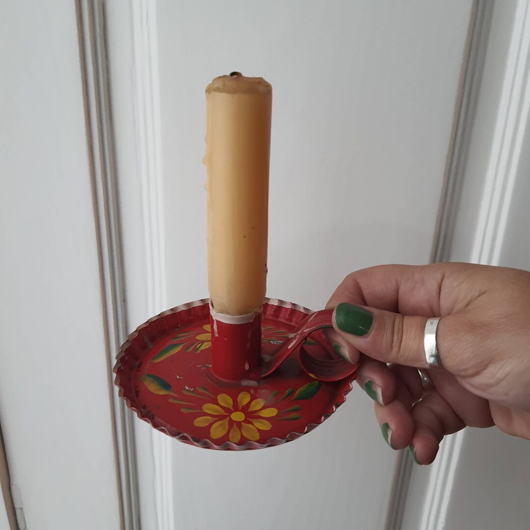 Vintage Hand Painted Red Tin Metal Candlestick Holder Rustic Bohemian ...