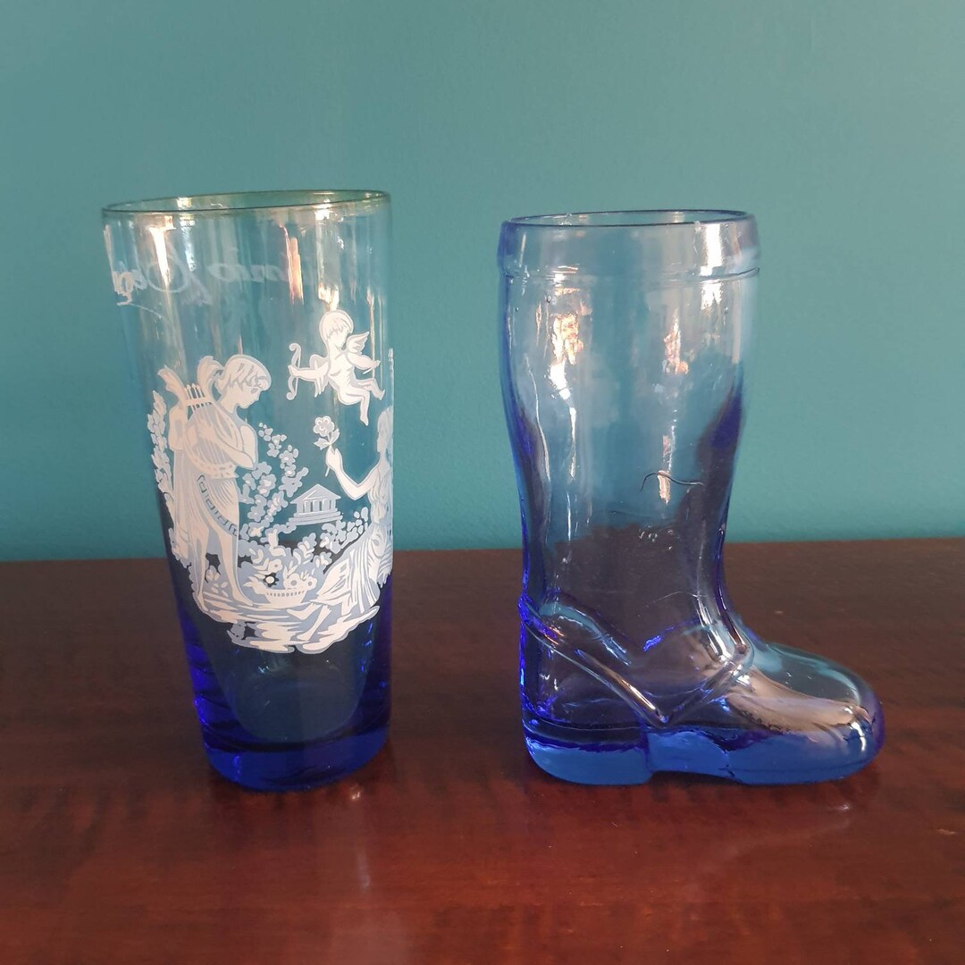 Vintage Mid Century Blue Glass Boot Vase and Tumbler Pint Glass - Etsy