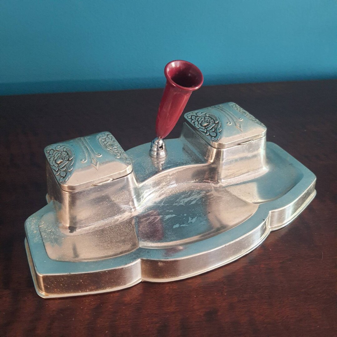 Vintage Occupied Japan Desk Ink Stand Pen Holder in Silver Metal - Etsy