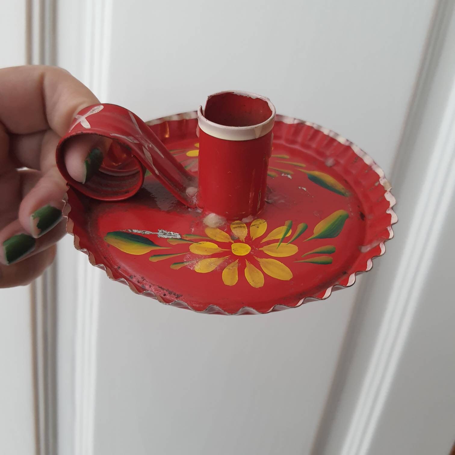 Vintage Hand Painted Red Tin Metal Candlestick Holder Rustic | Etsy